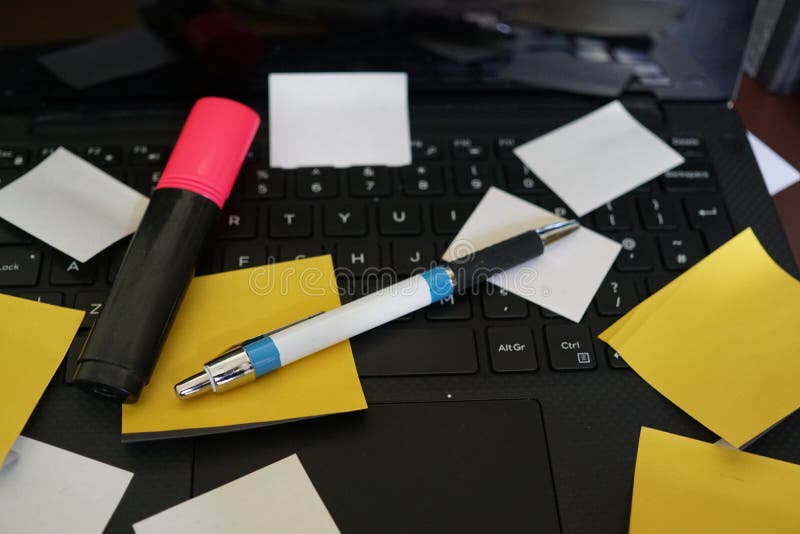 Highlighter, Pen and Sticky Notes Stock Photo - Image of computer ...