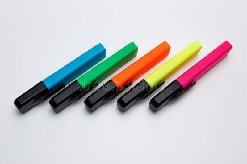 Highlighter Pens of Different Colors with Attached Cap in a Row on ...