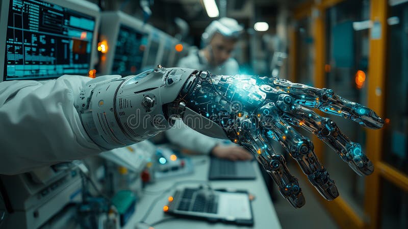 Advanced Bionic Hand Interacting with Futuristic Interface Stock ...
