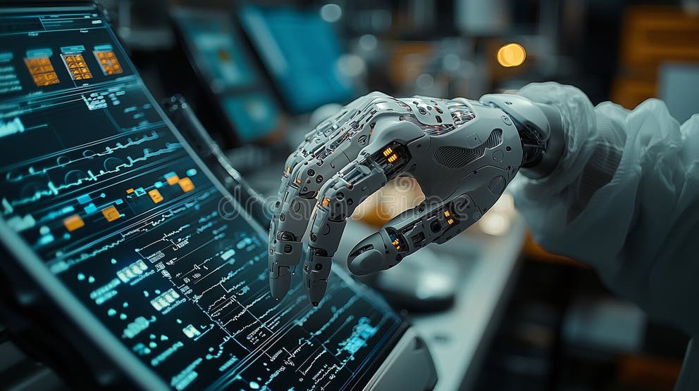 Advanced Bionic Hand Interacting with Futuristic Interface Stock ...