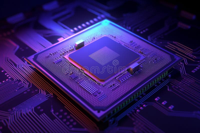 Highly Advanced Microchip Processor with a Series of Blue and Purple ...