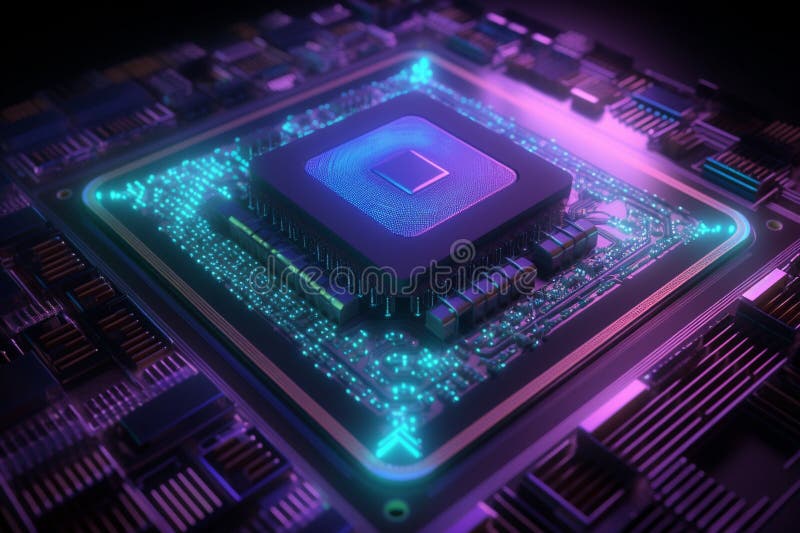 Highly Advanced Microchip Processor with a Series of Blue and Purple ...