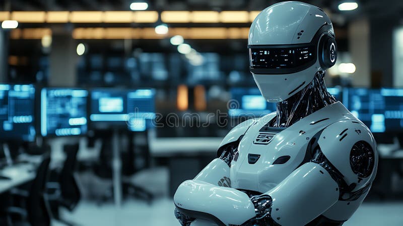Highly Advanced Robot Stands with Folded Arms in Modern Office ...