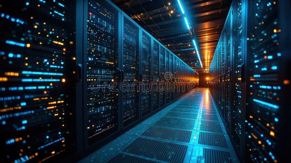 Highly Advanced Server Room with Illuminated Data Center Equipment in ...