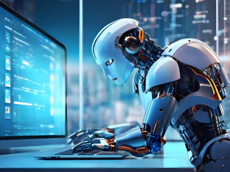 A Highly AI Robot Working with Computers Stock Illustration ...