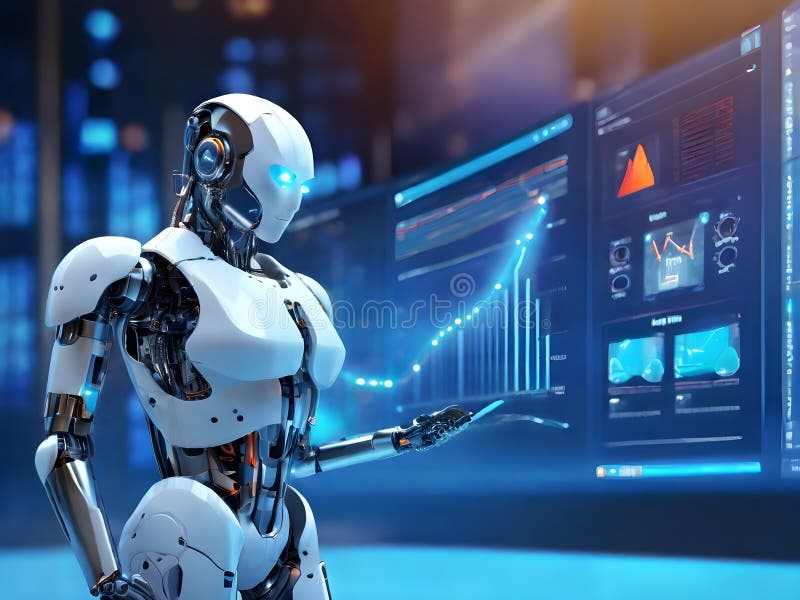 A Highly AI Robot Working with Computers Stock Illustration ...