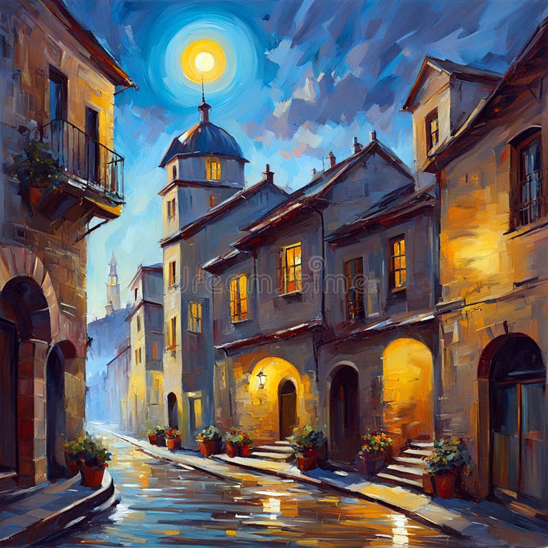 Night Streets of a Distant Small Town Illuminated by the Moon ...