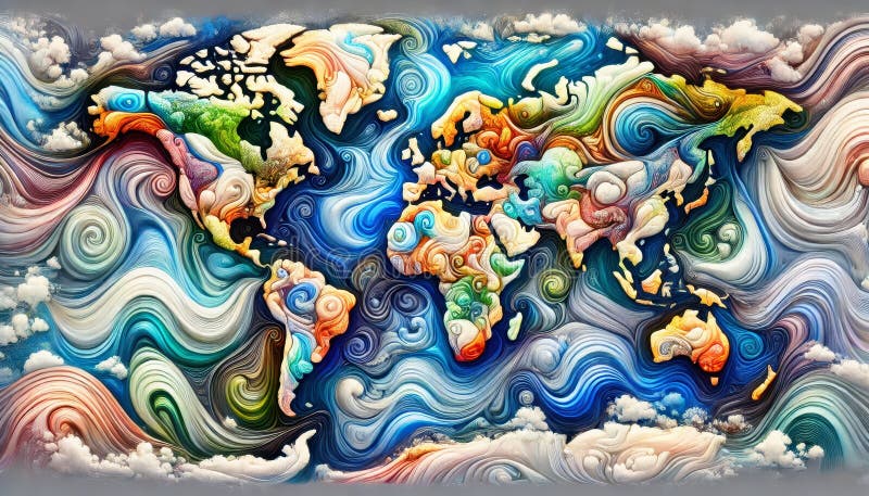 A Highly Artistic World Map Depicted in a Surreal and Colorful Style ...