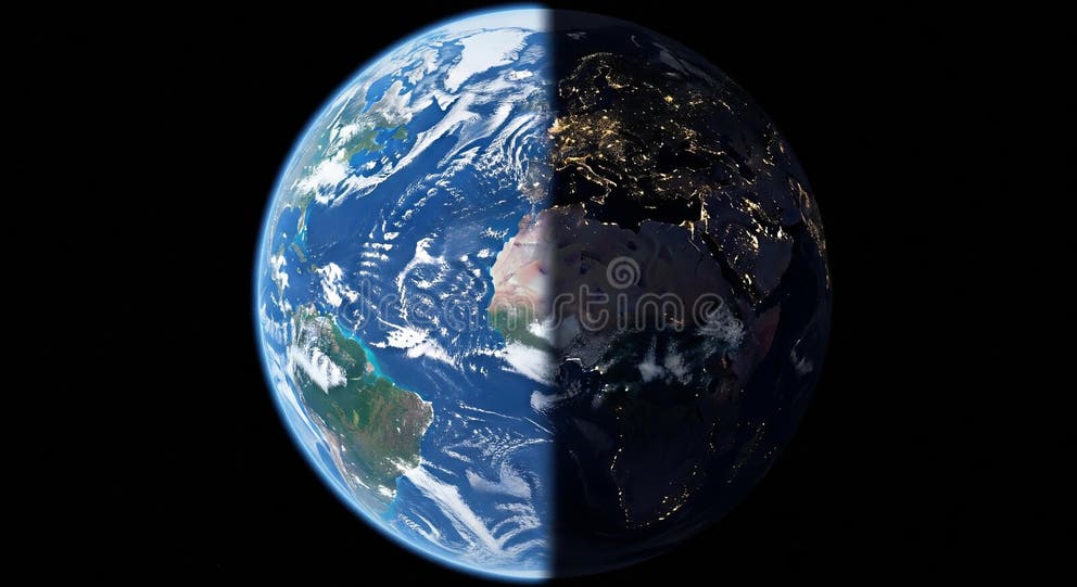 A Split View of Earth: Daytime Clouds on One Side, Glowing City Lights ...