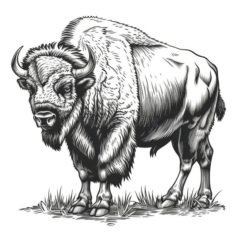 A Highly Detailed Black and White Drawing of a Bison Standing in Grass ...