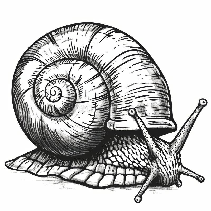 Highly Detailed Black and White Drawing of a Snail with Intricate Shell ...