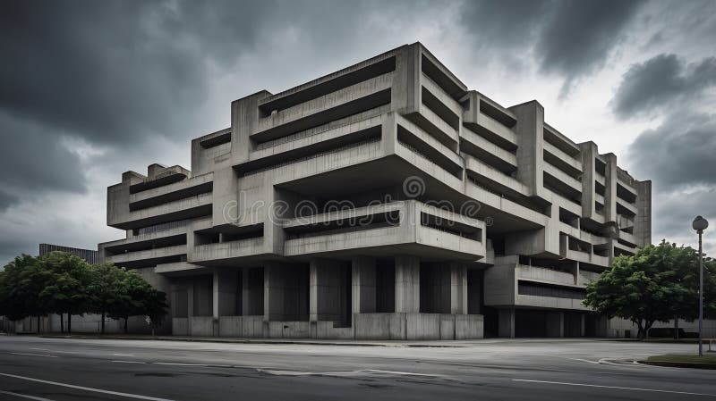 Imposing Brutalist-Style Building with Raw Concrete Textures in Urban ...
