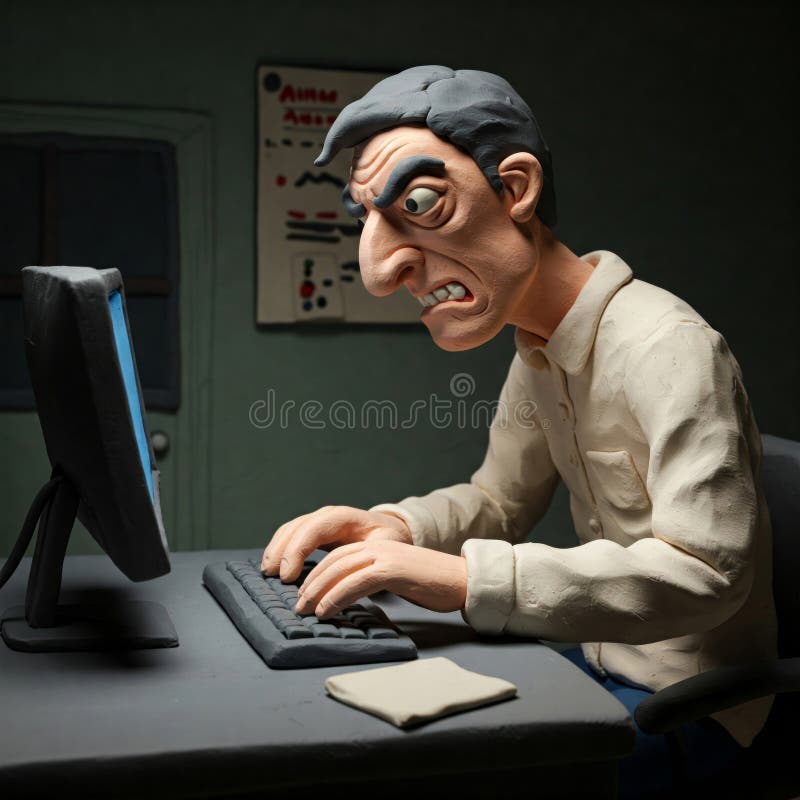 Stressed Claymation Man Glaring at Computer Screen Stock Photo - Image ...