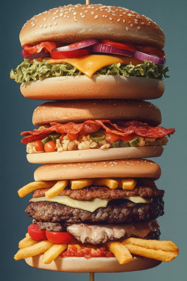Mega Stack of Ultimate Meat Lovers Burgers Stock Photo - Image of commercial, ultimate: 389774674