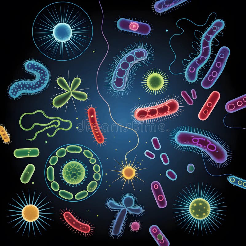 Colorful Microscopic View of Bacteria with Glowing Details Stock ...