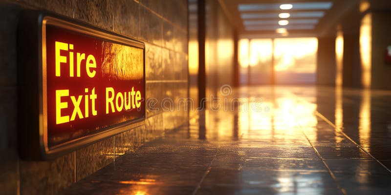 Highly Detailed 3D Fire Exit Route Sign with Sunlight Streaming through ...