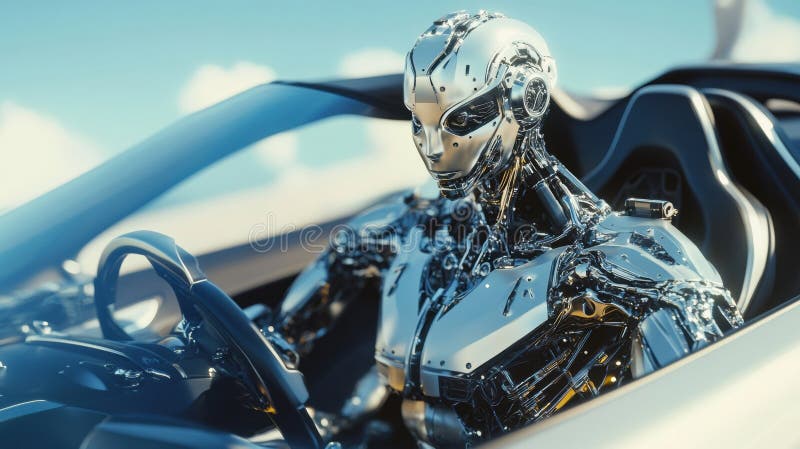 Highly Detailed 3D-rendered Robot Drives Futuristic Car with Hyper ...
