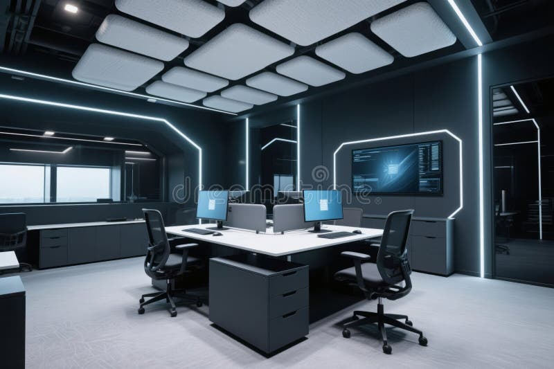 Futuristic Conference Room Interior with Glass Walls, Blue Digital Displays, and Modern Office ...