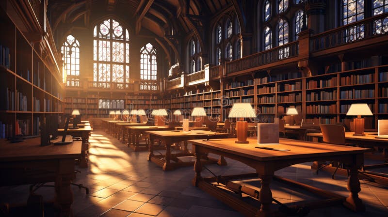 A University Library Reading Room with Rows of Study Desks Bookshelves Stock Illustration ...
