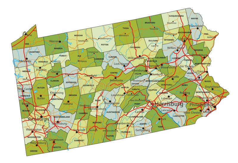 Detailed Editable Political Map with Separated Layers. Pennsylvania ...