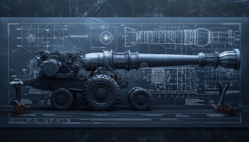 Futuristic Cannon Blueprint in Dark Setting Stock Image - Image of ...