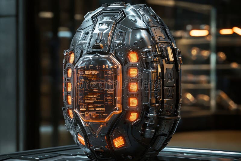 Futuristic Device with Intricate Design and Glowing Orange Digital ...