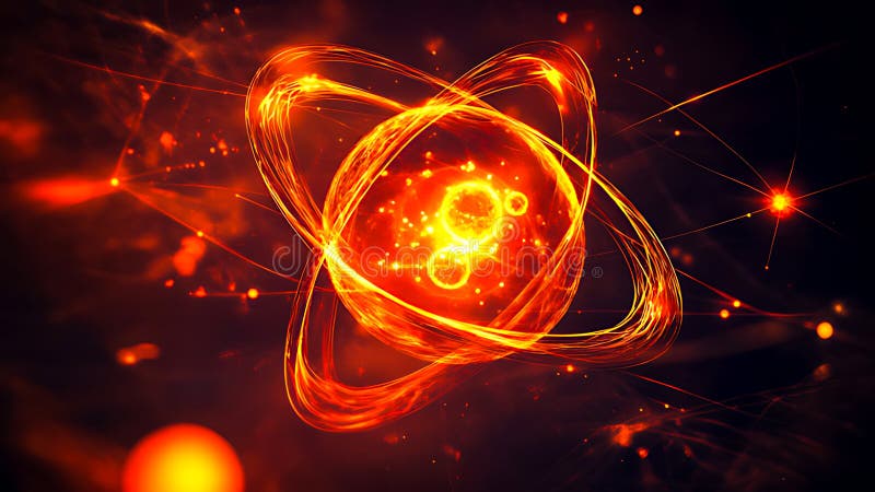 A Glowing Atom is Depicted with a Detailed Nucleus and Electron Orbits ...
