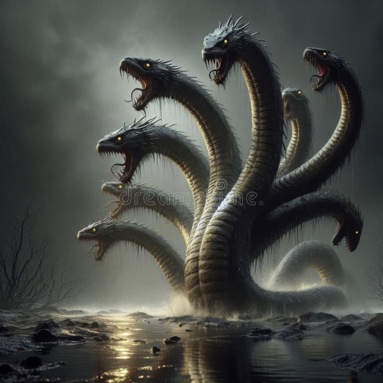 A Highly Detailed Image of a Hydra, a Multi-headed Serpent, Emerging from a Murky Swamp Stock ...