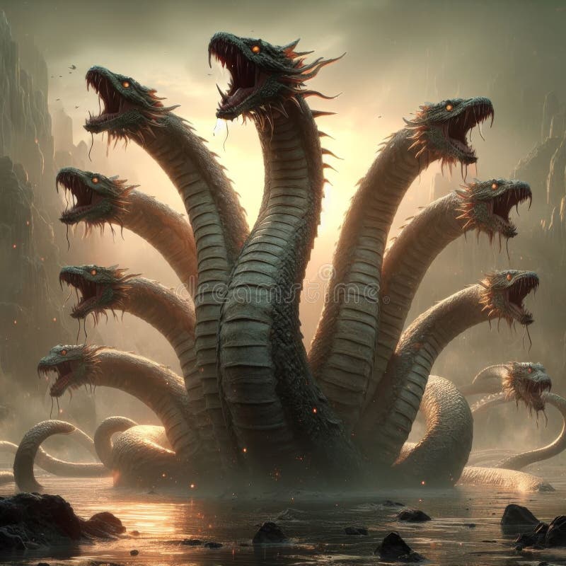 A Highly Detailed Image of a Hydra, a Multi-headed Serpent, Emerging ...