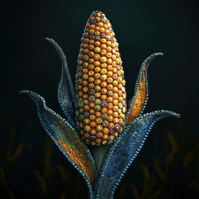 Ornate Corn Art Piece with Detailed Mosaic Husk and Kernel Design Stock ...