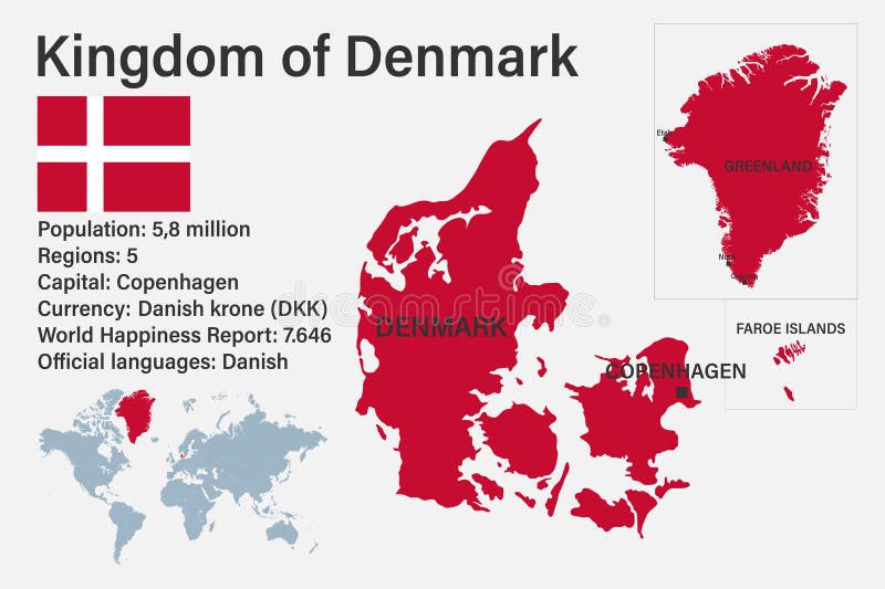 Highly Detailed Kingdom of Denmark Map with Flag, Capital and Small Map ...