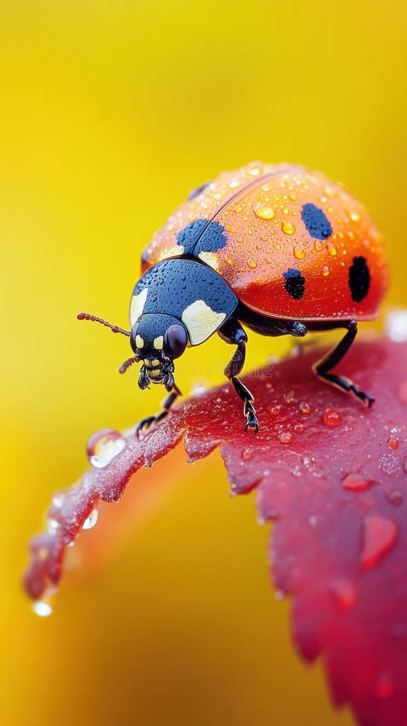 A Highly Detailed Ladybug Perched on the Tip of a Tiny Dewdrop-covered ...