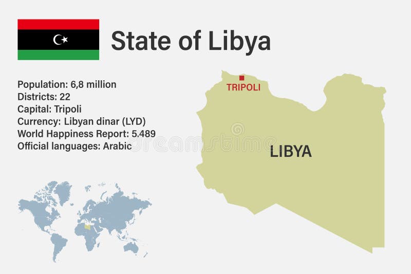 Highly Detailed Libya Map with Flag, Capital and Small Map of the World ...