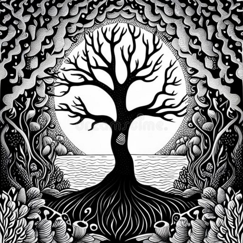 Pen and Ink Drawing Mystical Tree Stock Illustration - Illustration of ...