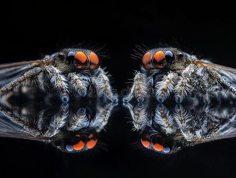 Macro of Jumping Spiders with Orange Eyes Reflection. Generated AI ...