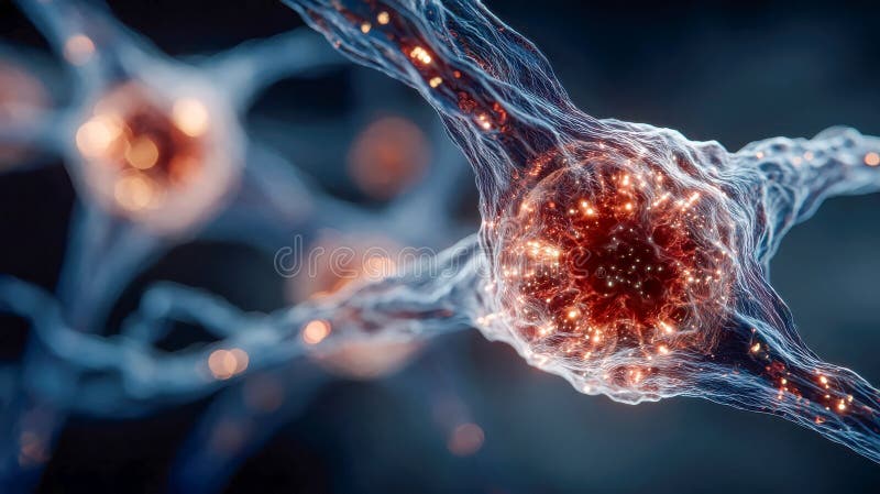Highly Detailed Neuron Structure with Glowing Orange Impulses ...