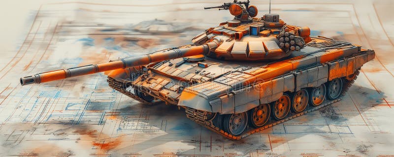 Highly Detailed Orange Tank 3D Render on Blueprints Stock Illustration ...