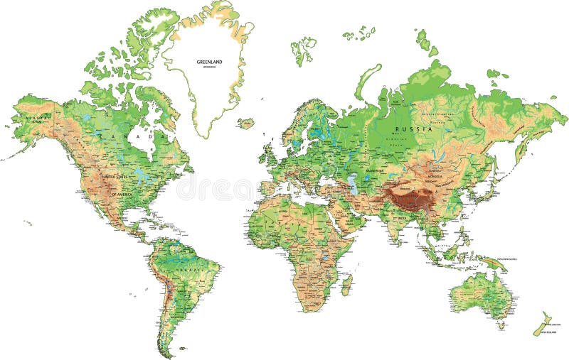Highly Detailed Physical Map of the World. Stock Vector - Illustration ...