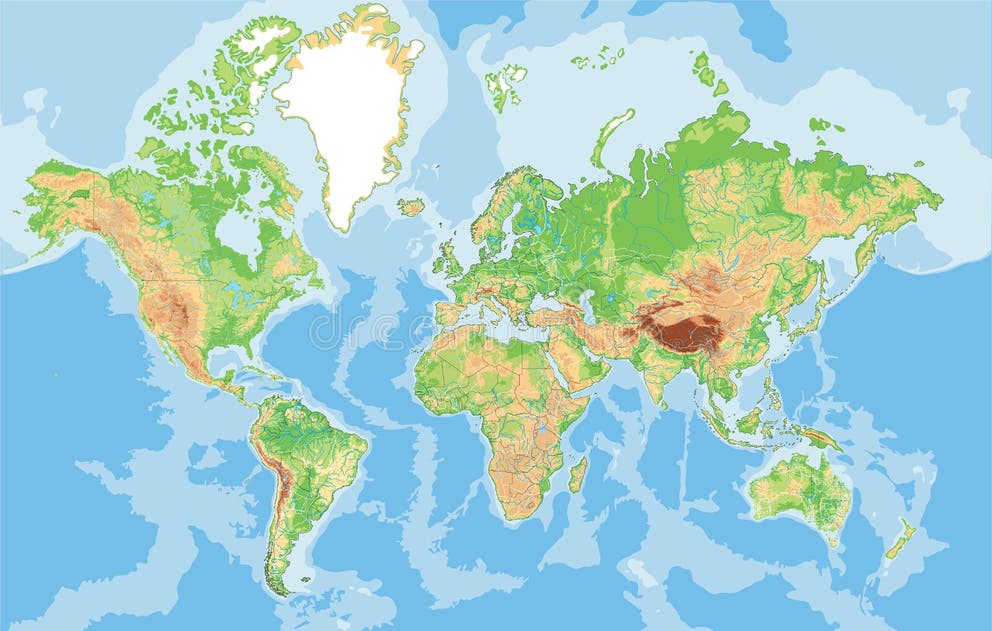 Highly Detailed Physical Map of the World. Stock Vector - Illustration ...