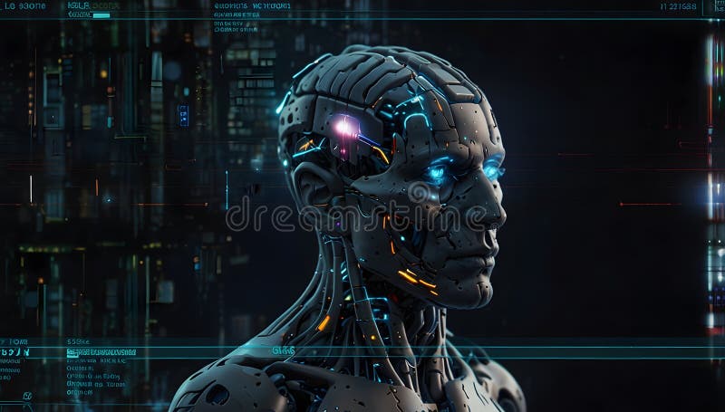 Highly Detailed and Realistic Cybernetic Humanoid Working on Computer ...