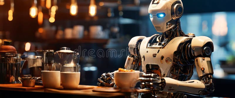 Futuristic Robot Serving Coffee in a Modern Cafe Setting Stock Photo ...