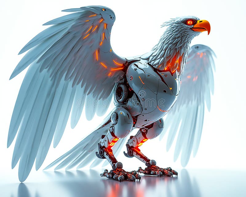 A Highly Detailed Robotic Eagle Stands Poised with Bright Glowing ...