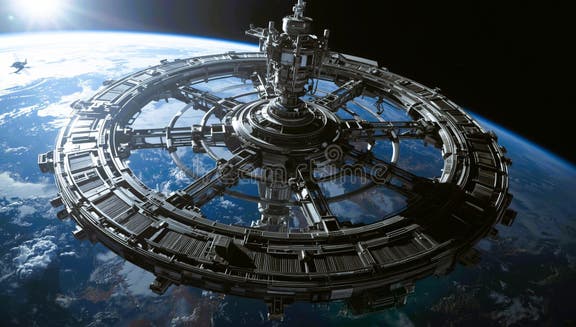 Highly Detailed Sci-Fi Space Station Orbiting Earth with Large Circular ...