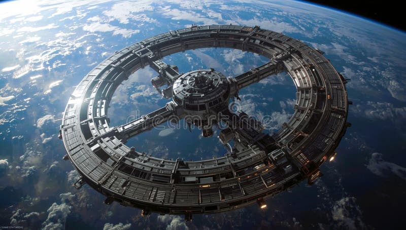 Highly Detailed Sci-Fi Space Station Orbiting Earth with Large Circular ...
