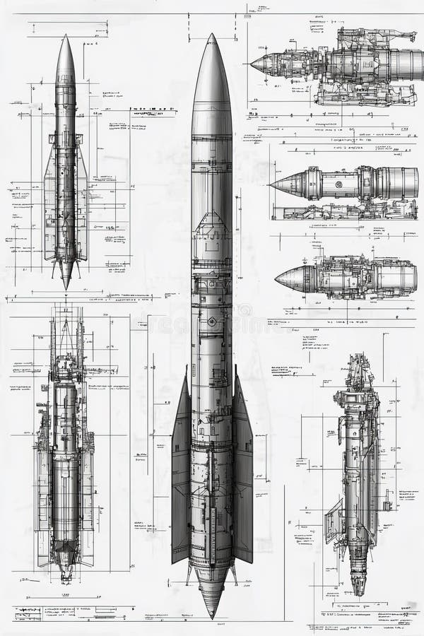 Highly Detailed Technical Blueprint of a Missile, Showing Intricate ...