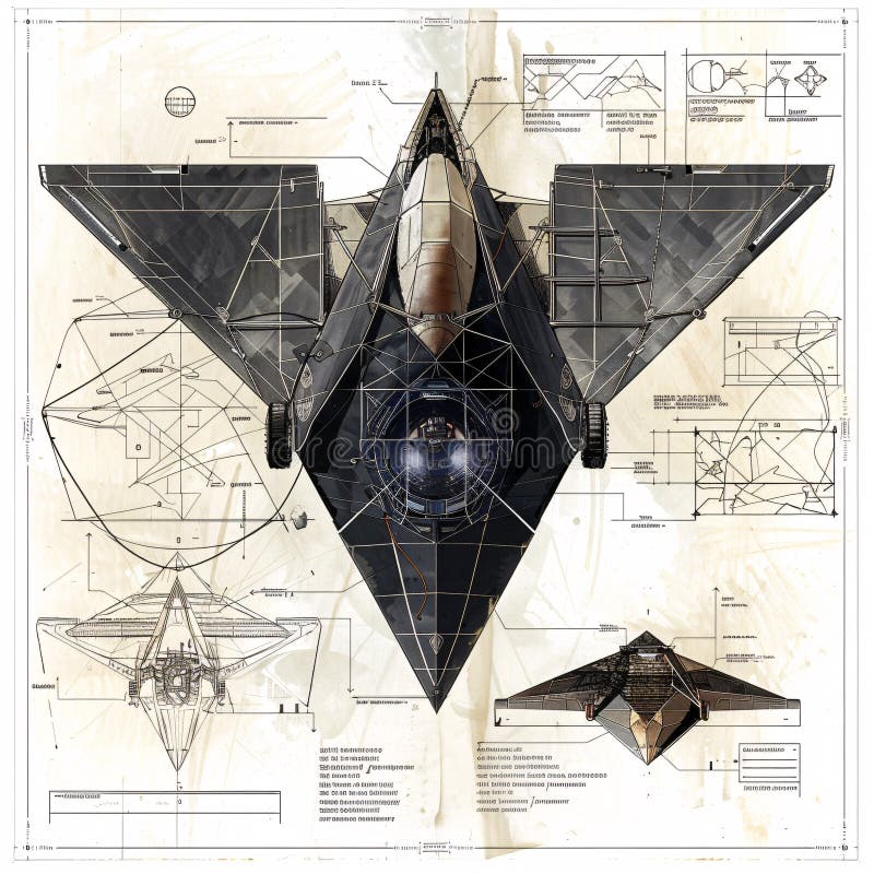 Detailed Technical Blueprint of a Futuristic Cone-Shaped Spacecraft ...