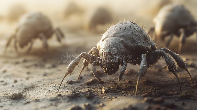 Highly Detailed View of Dust Mites Crawling on a Textured Surface in a ...