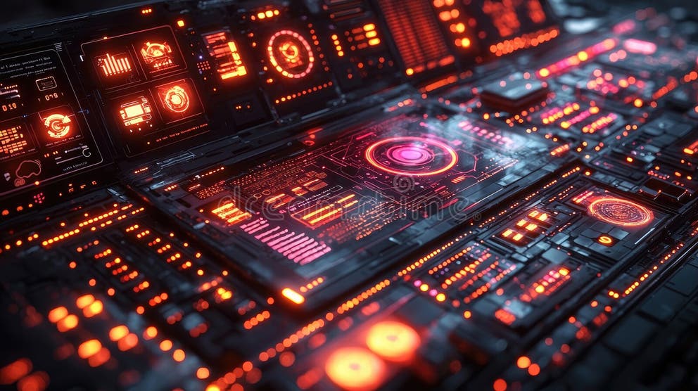 Futuristic HighTech Control Panel Interface with Complex Data Displays ...