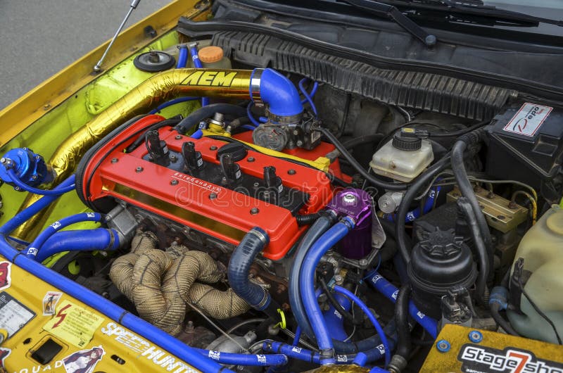 Highly Modified Mitsubishi Car Engine with Numerous Hoses Editorial ...