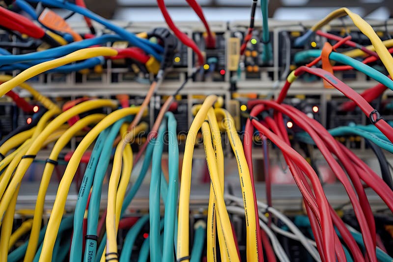 Data Center Room with Wires and Hub, Managing High-Tech Network ...